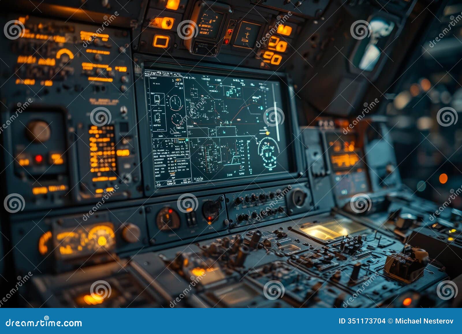 Control Panel in an Airplane Cockpit Showing Flight Data on Screen ...