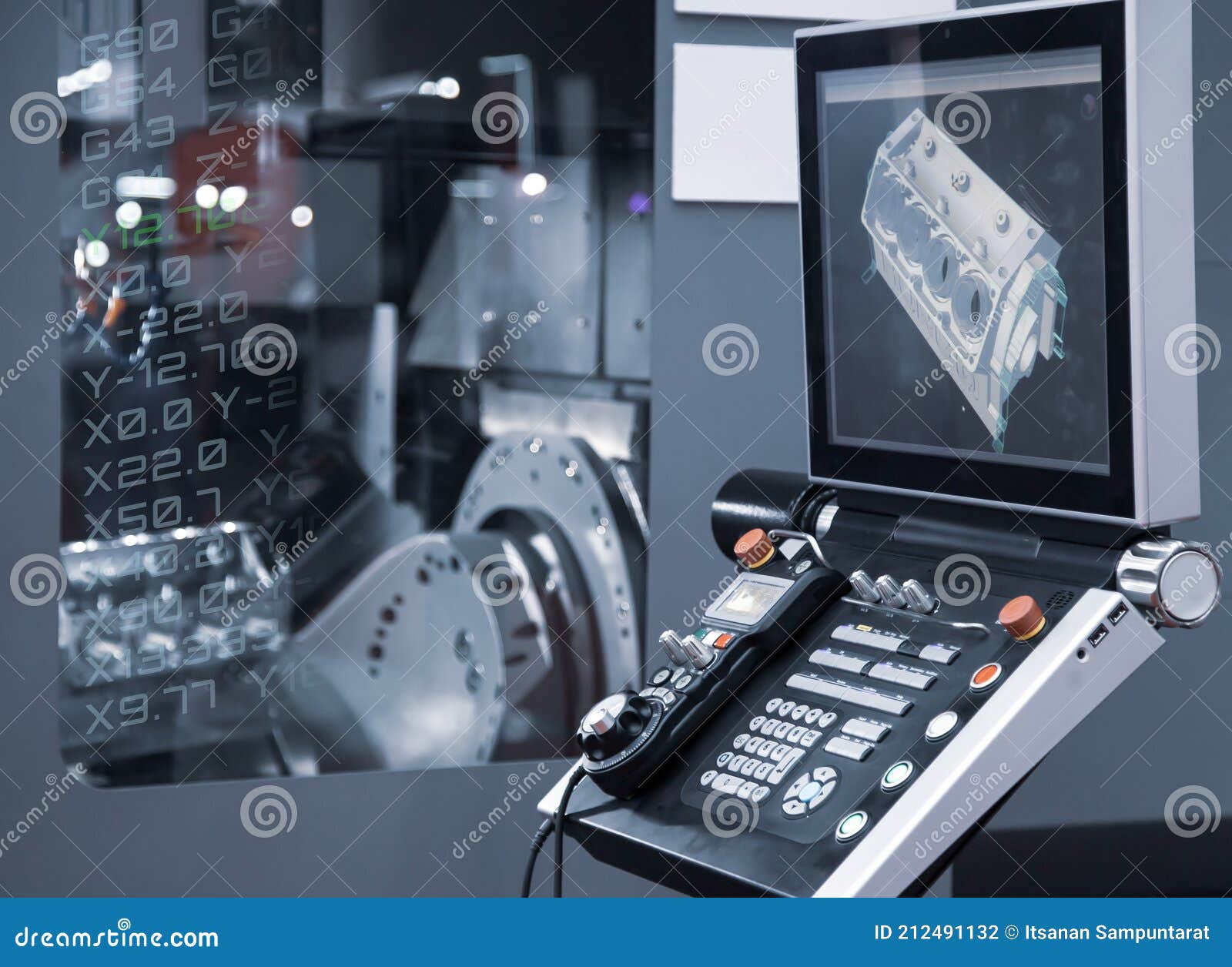 Control Panel of 5-axis CNC Milling Machine Cutting Automotive Engine ...