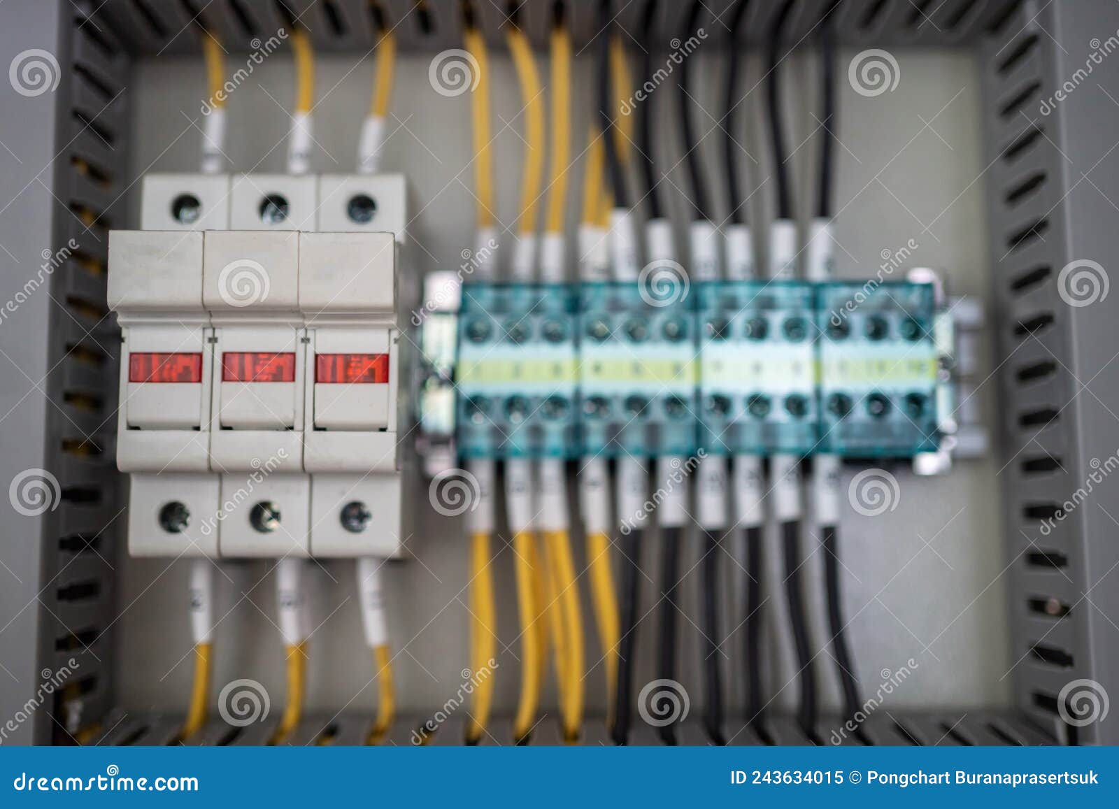 Control Panel with Circuit Breakers, Fuses, Rails, Wiring in the ...