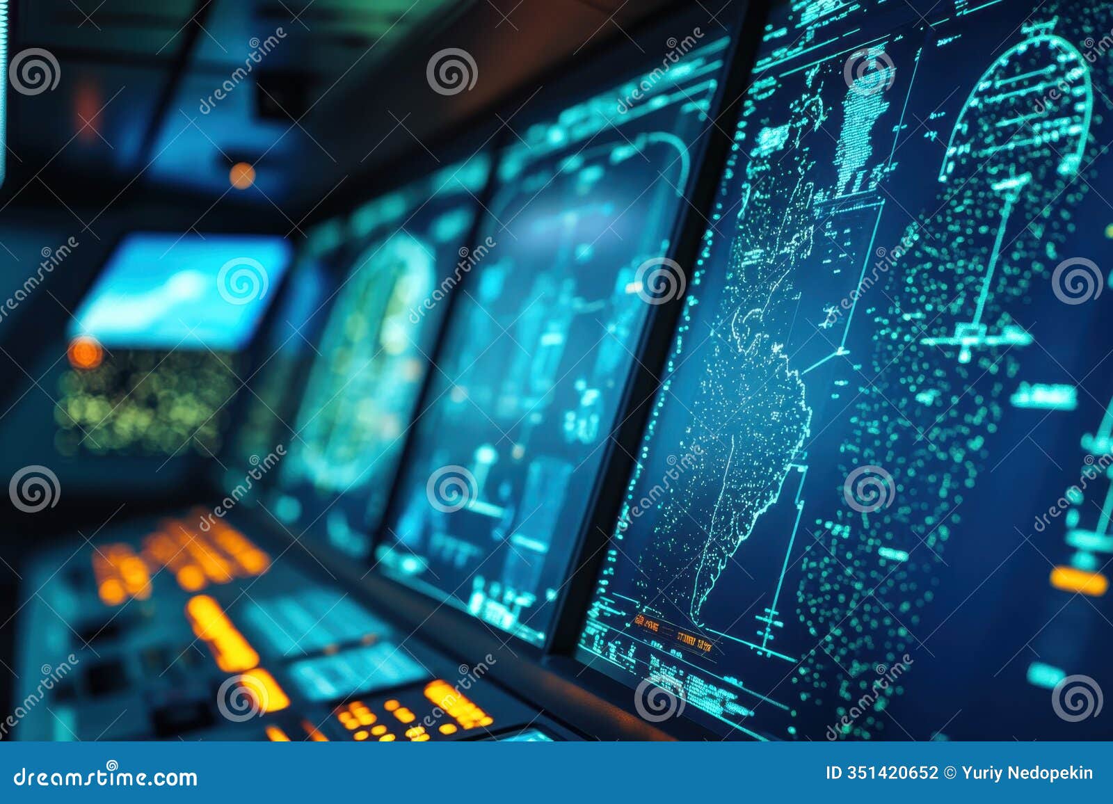 Control Panel Displaying High-tech Data Visualizations and Maps in a ...