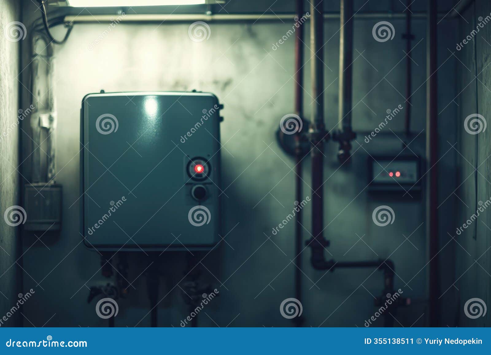 Control Panel and Piping System in a Dimly Lit Industrial Setting Stock ...