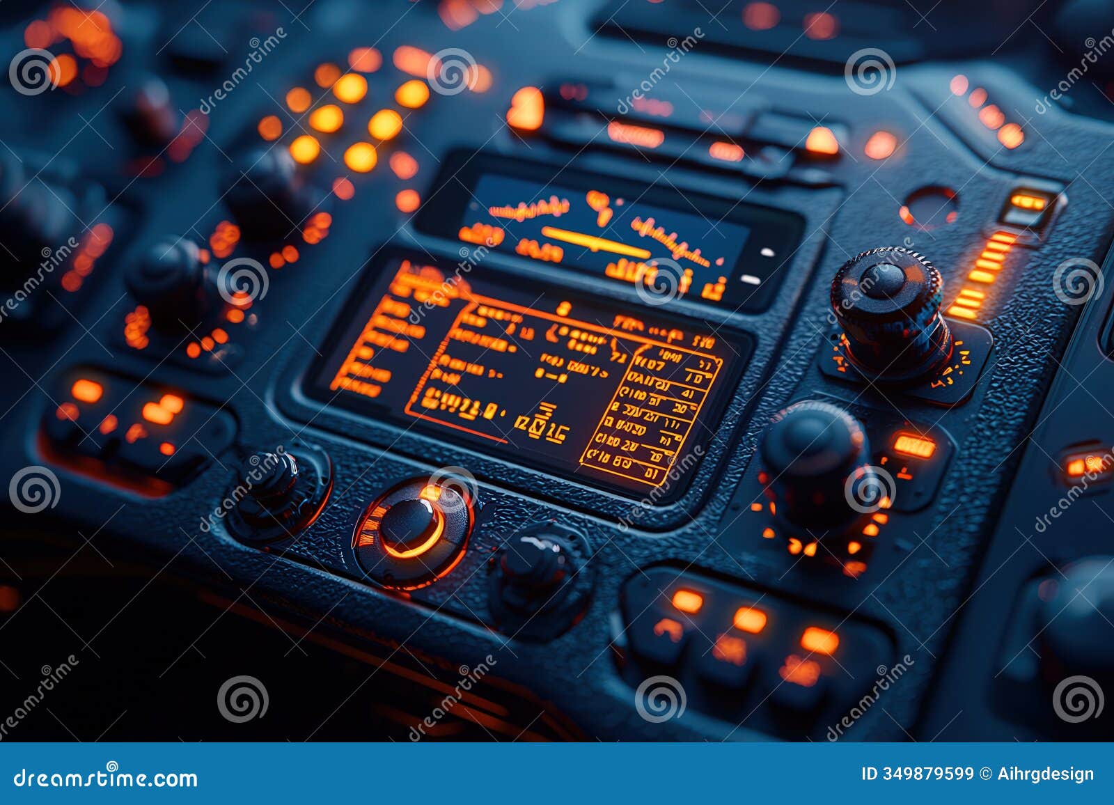 Illuminated Cockpit Of A Commercial Airplane During Sunset Flight, Controls And Instrumentation ...