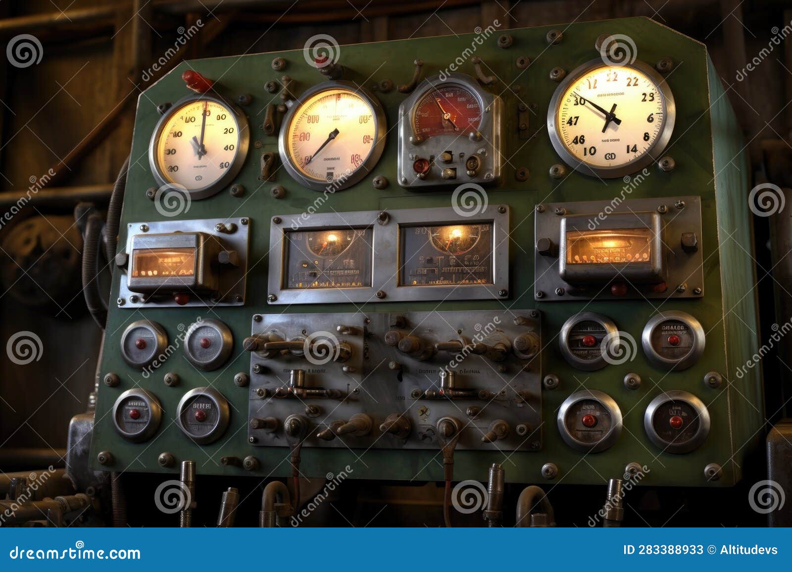 Control Panel with Illuminated Buttons and Gauges Stock Image - Image ...