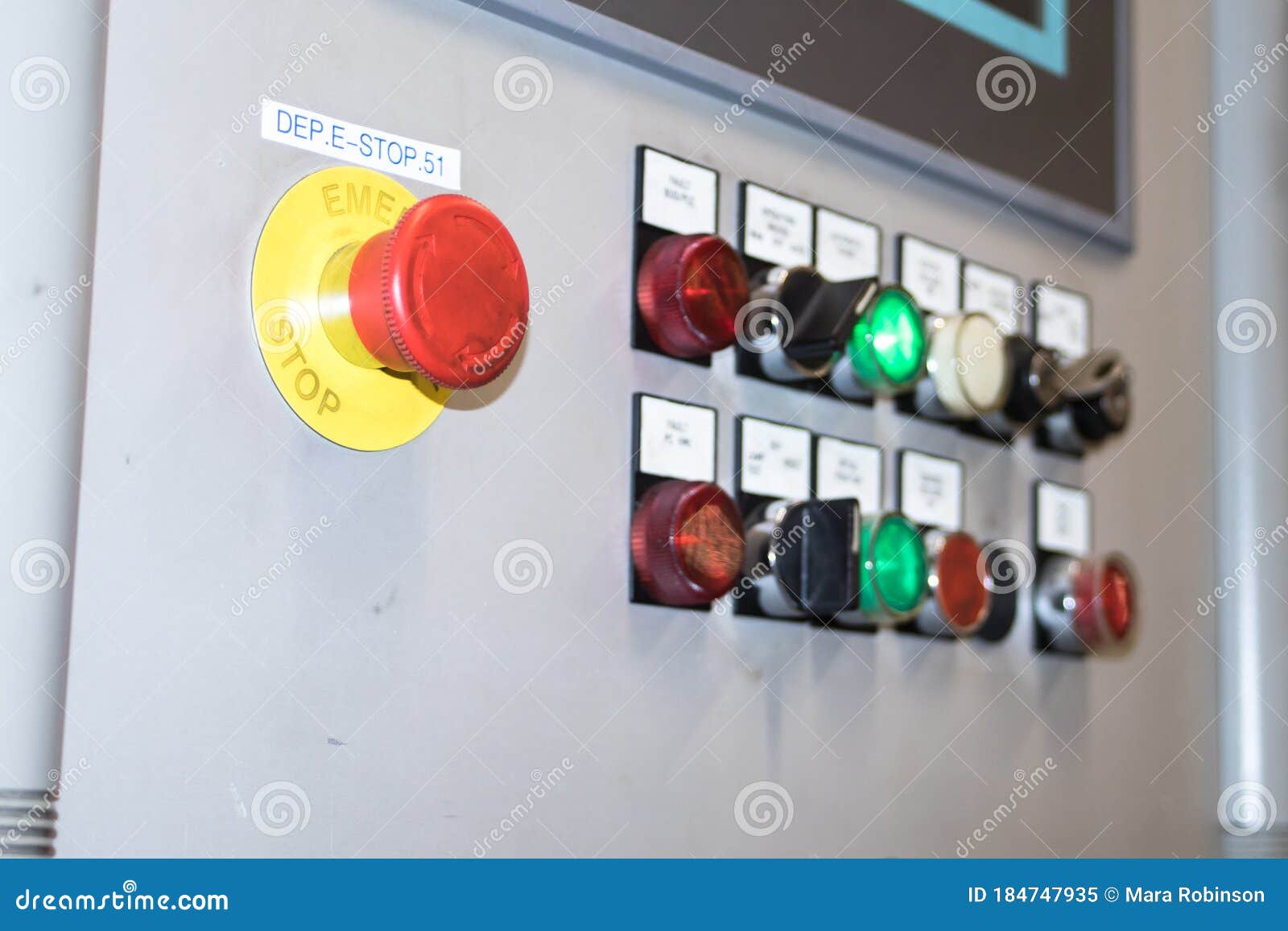 Control Panel Including Emergency Stop Button in an Industrial Factory ...