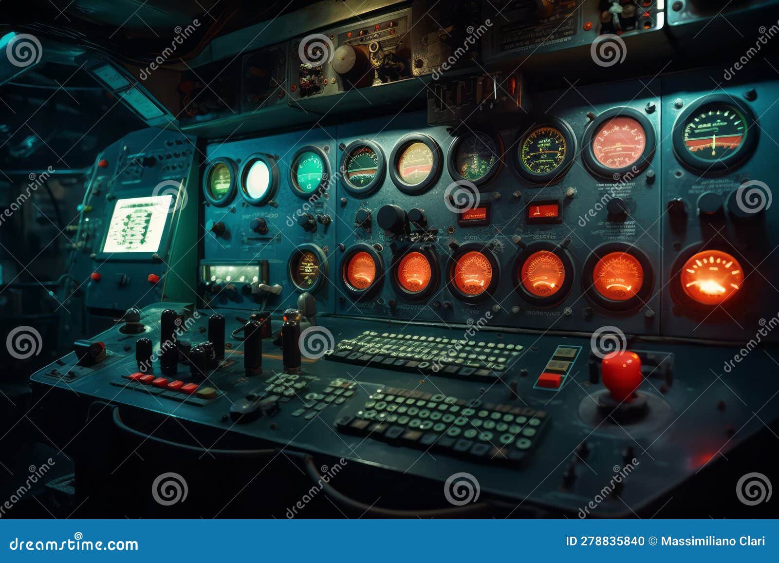Control Panel Inside a Submarine S Command Center, with Illuminated ...