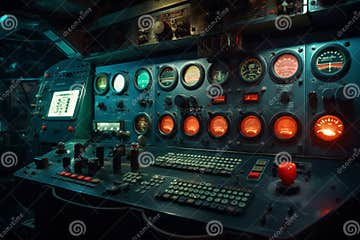 Control Panel Inside a Submarine S Command Center, with Illuminated ...