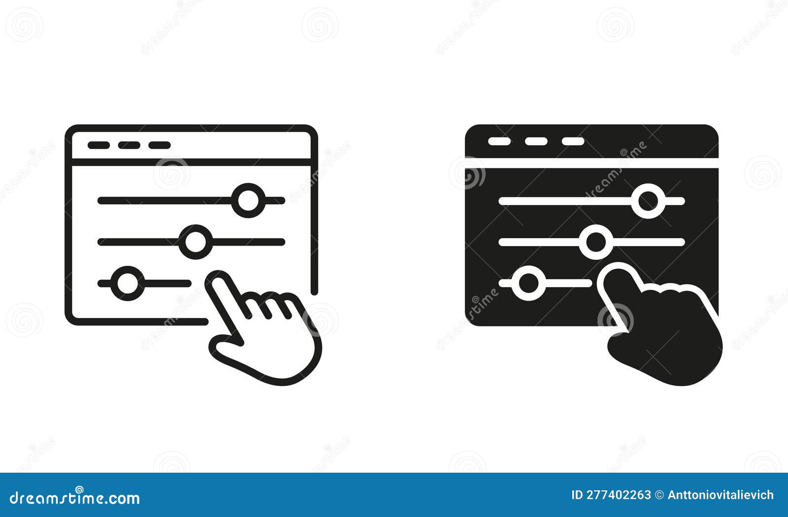 Control Panel Line and Silhouette Icon Set. Adjustment Button with Hand ...