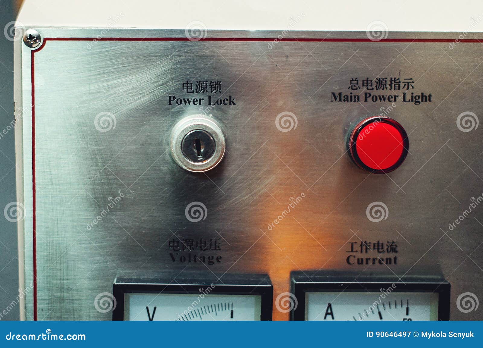 Control Panel in Main Engine Room. Inscriptions in English and Chinese ...