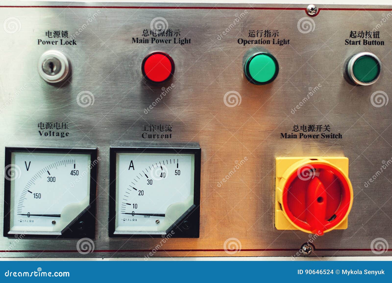 Control Panel in Main Engine Room. Inscriptions in English and Chinese ...