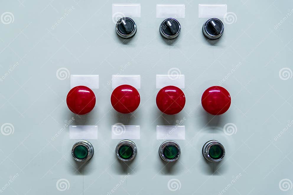Control Panel with Red and Black Buttons. Equipment Start and Shutdown ...