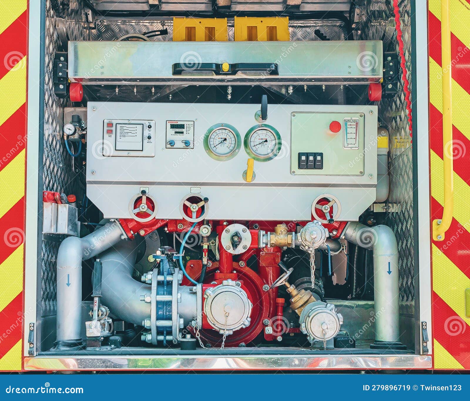Control Panel of the Water Supply System in a Fire Truck. Water Pump in ...
