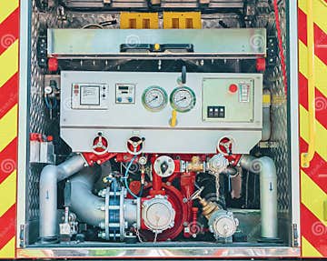 Control Panel of the Water Supply System in a Fire Truck. Water Pump in ...
