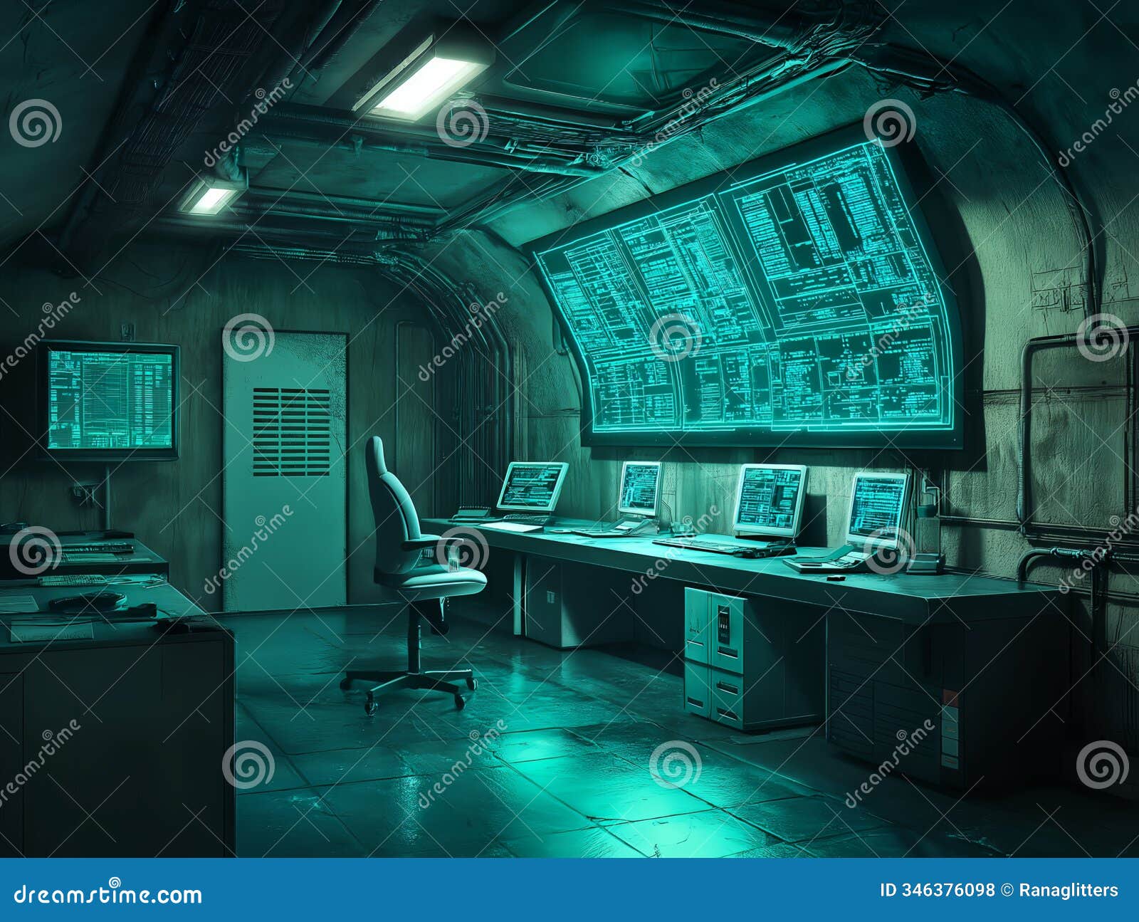 Control Room with Advanced Monitors and Glowing Blue Interfaces Stock ...