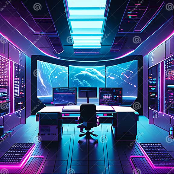 Control Room with Computer Monitors and Screens. 3d Rendering, Virtual ...