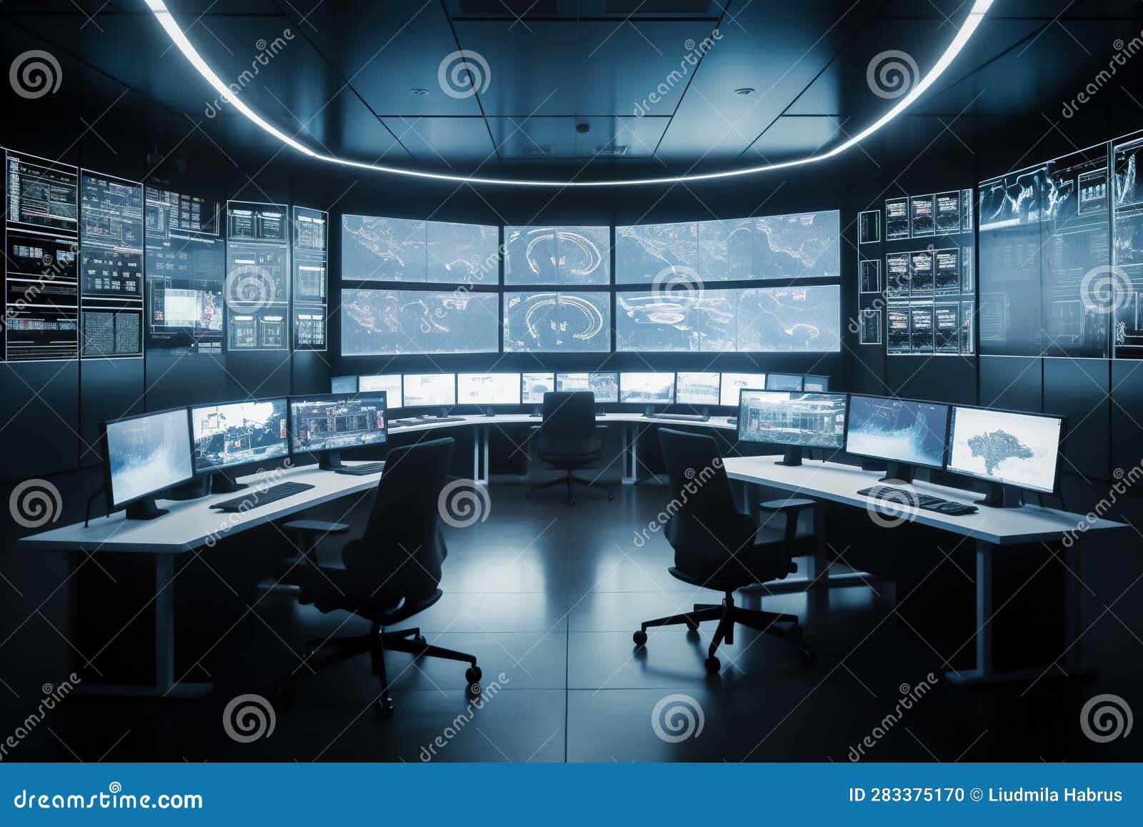 Control Room with Computers and Monitors on the Wall. Generative AI ...