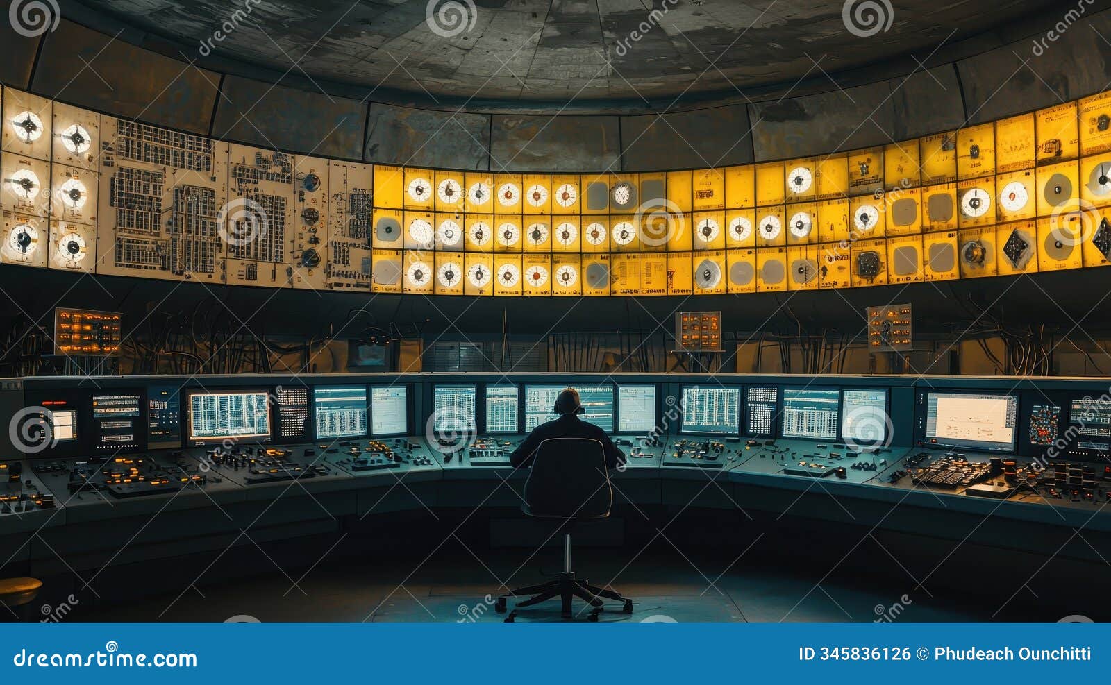 Control Room Interior Focused on Complex Machinery with Glowing Panels ...