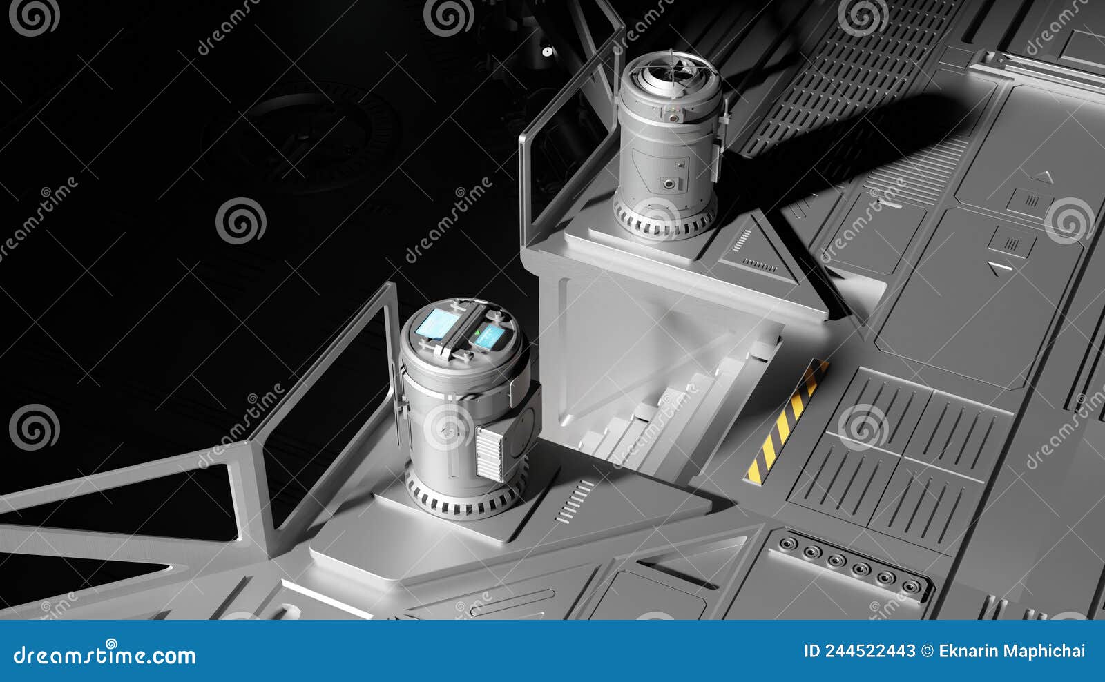 Control Room Laboratory Interior Metal Capsule Engine in Dark Scene ...