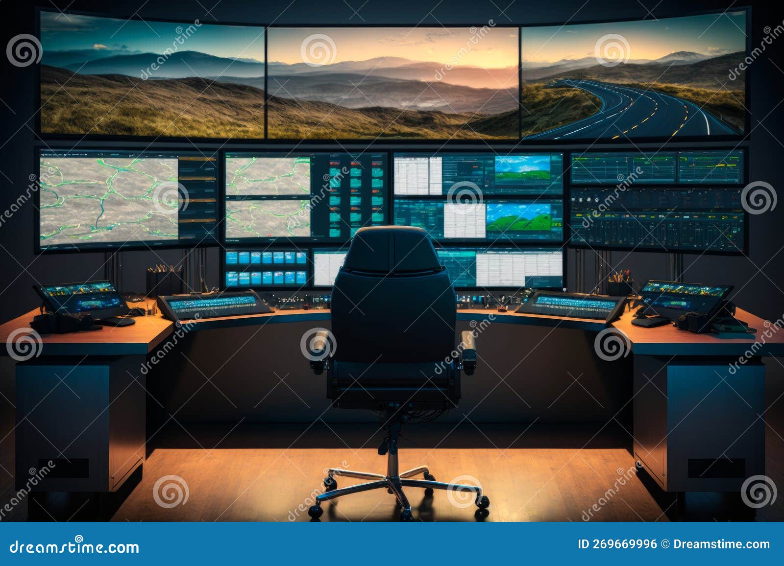Control Room with Multiple Monitors and Chair. Generative AI Stock ...
