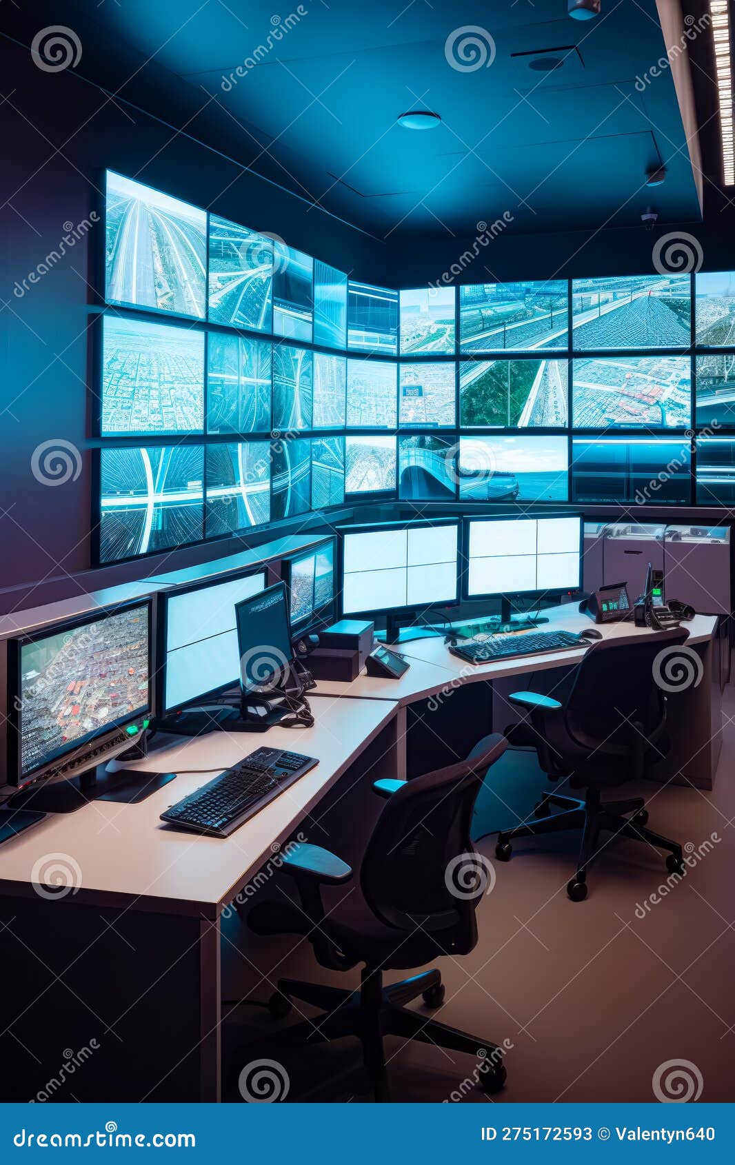 Control Room with Multiple Monitors and Keyboard on Desk in Front of ...