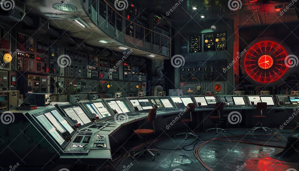 Control Room with Multiple Monitors and Control Panels in a Dimly Lit ...
