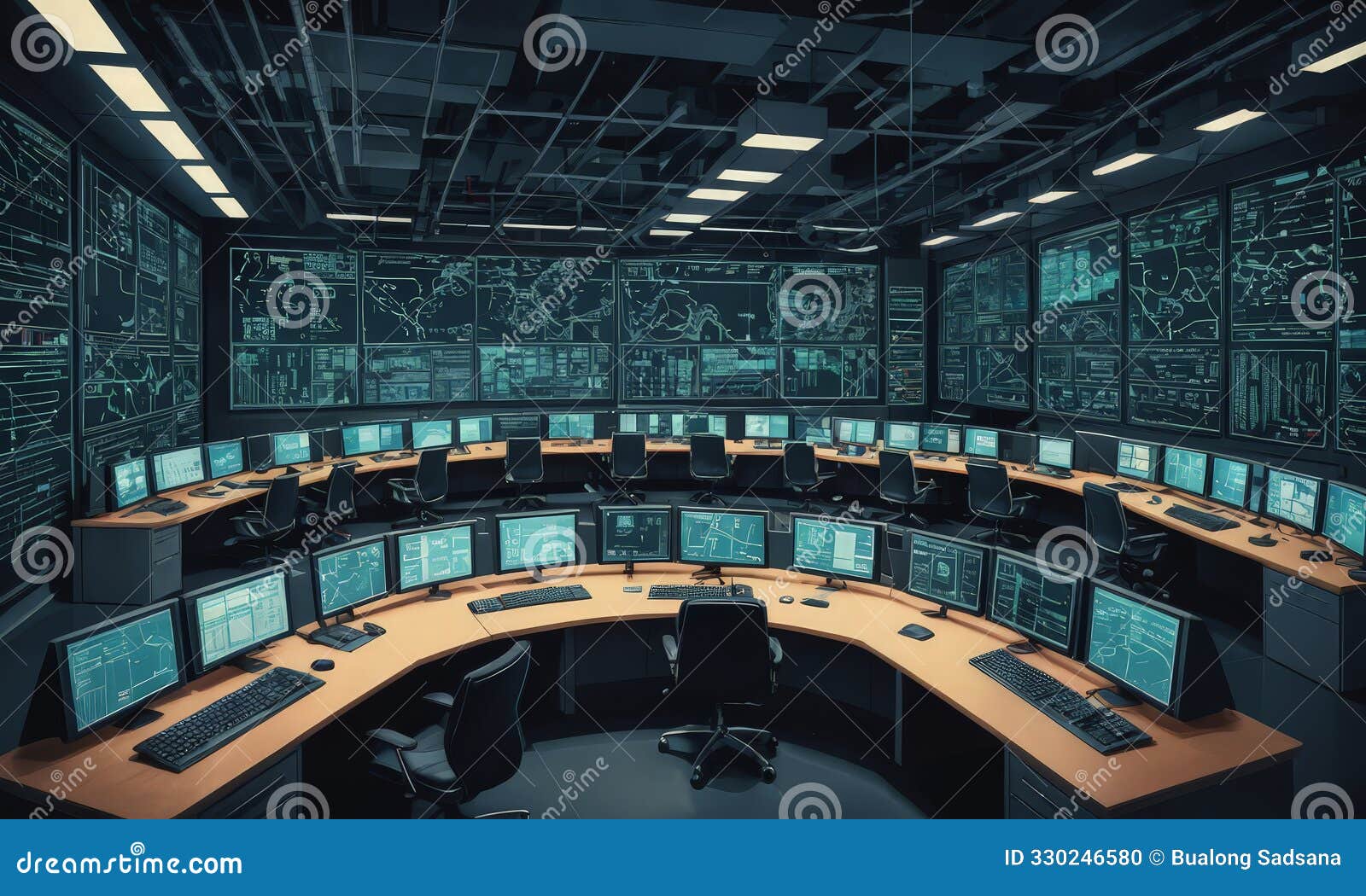 Control Room with Multiple Rows Computer Monitors, Desks, and Chairs ...