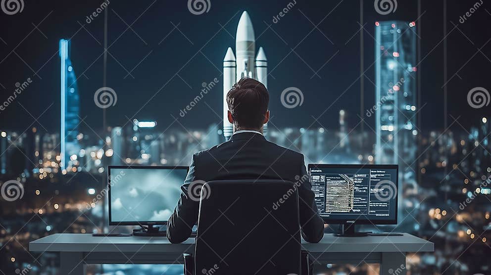Control Room Operator Closely Observing the Launch of a Space Rocket ...