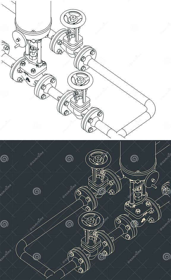 Control Valves with Bypass Isometric Blueprints Stock Vector ...