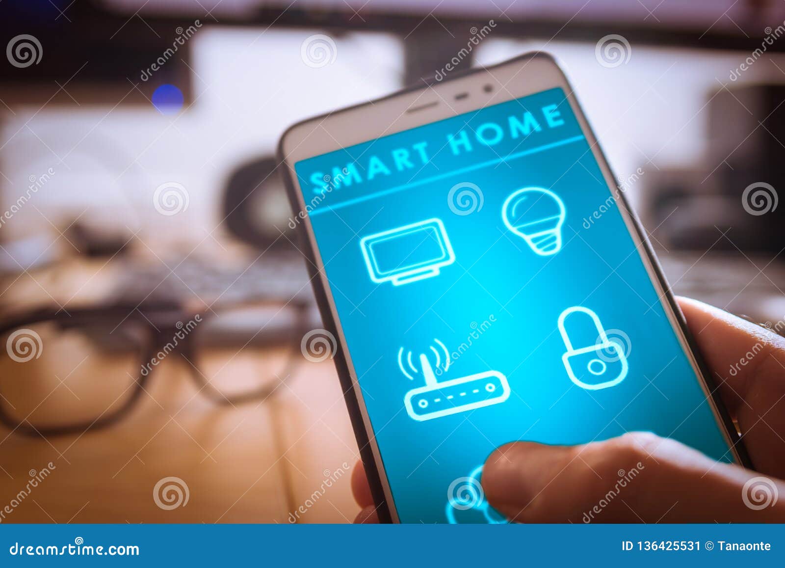 Smart Home Technology Interface on Smartphone App Screen, Person ...