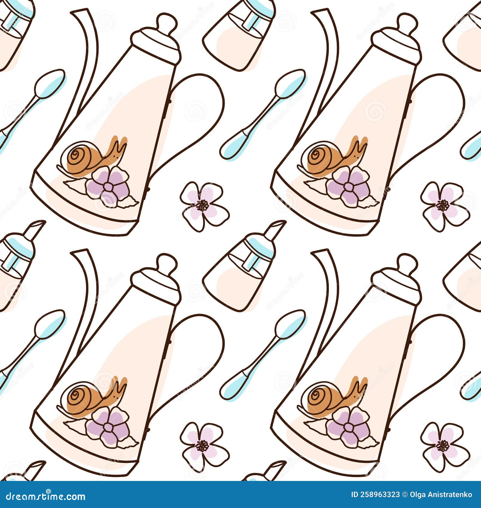 Contur and Spot Vector Seamless Pattern on the Cups and Teapot Stock ...