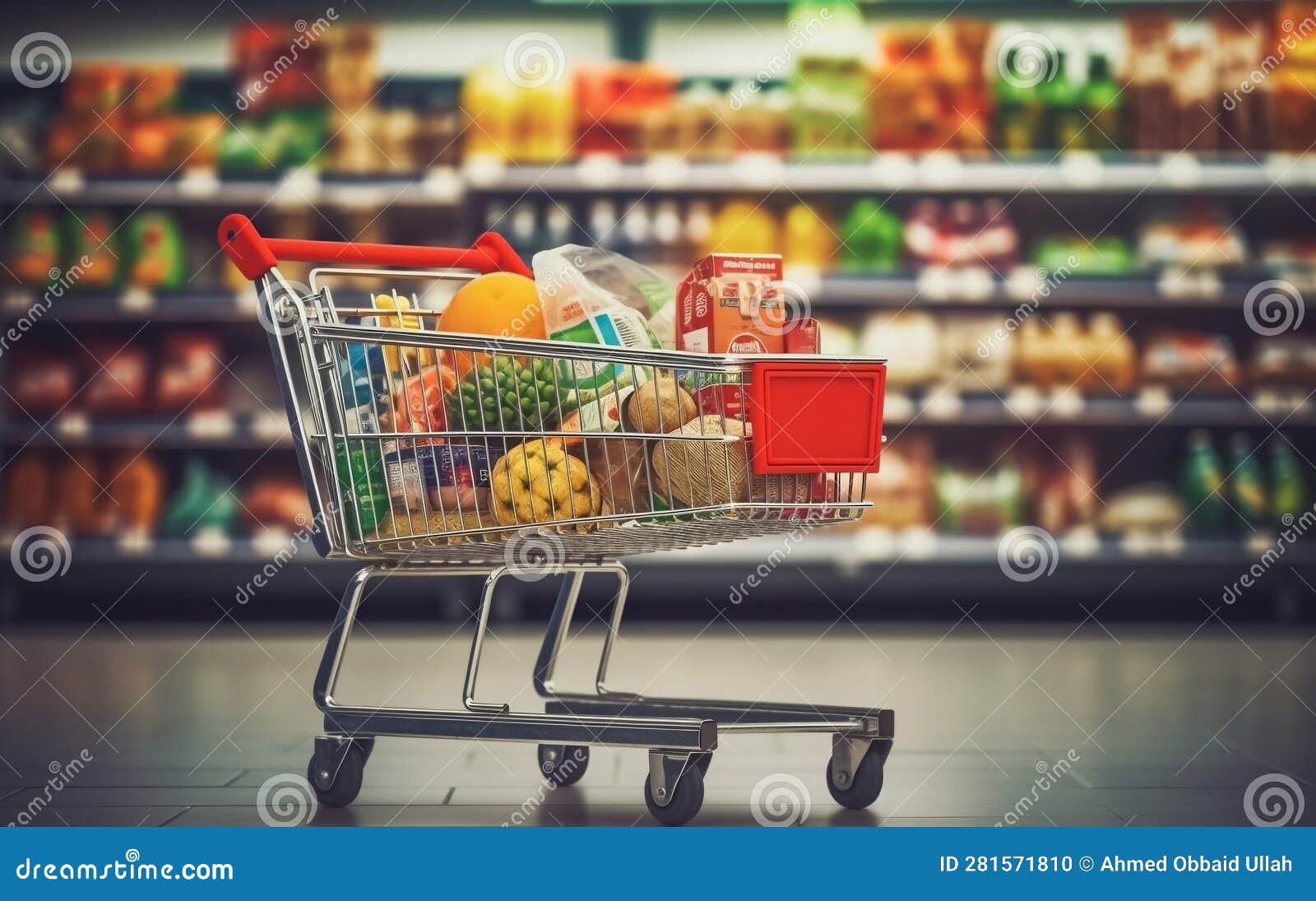 Convenient Grocery Shopping: Supermarket Cart Filled with Essentials ... Convenient Grocery Shopping: Supermarket Cart Filled with Essentials ...