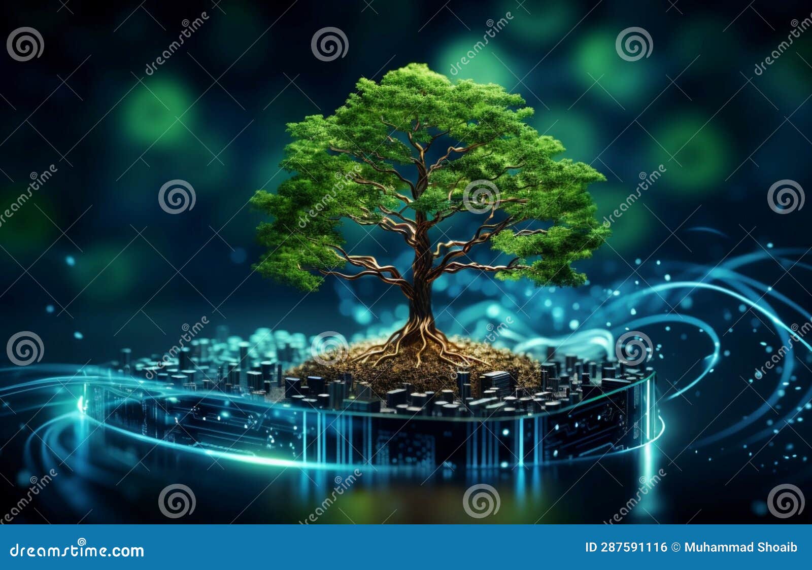 Convergence of Nature and Circuits Tree on Board, Wireframe Backdrop ...