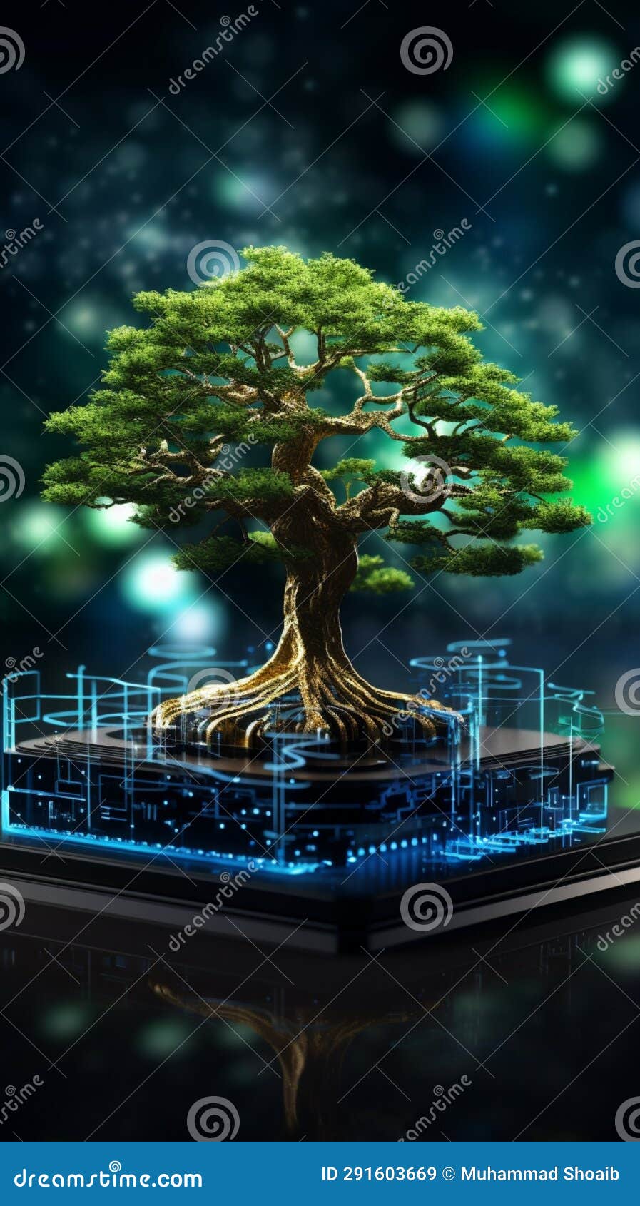 Convergence of Nature and Circuits Tree on Board, Wireframe Backdrop ...