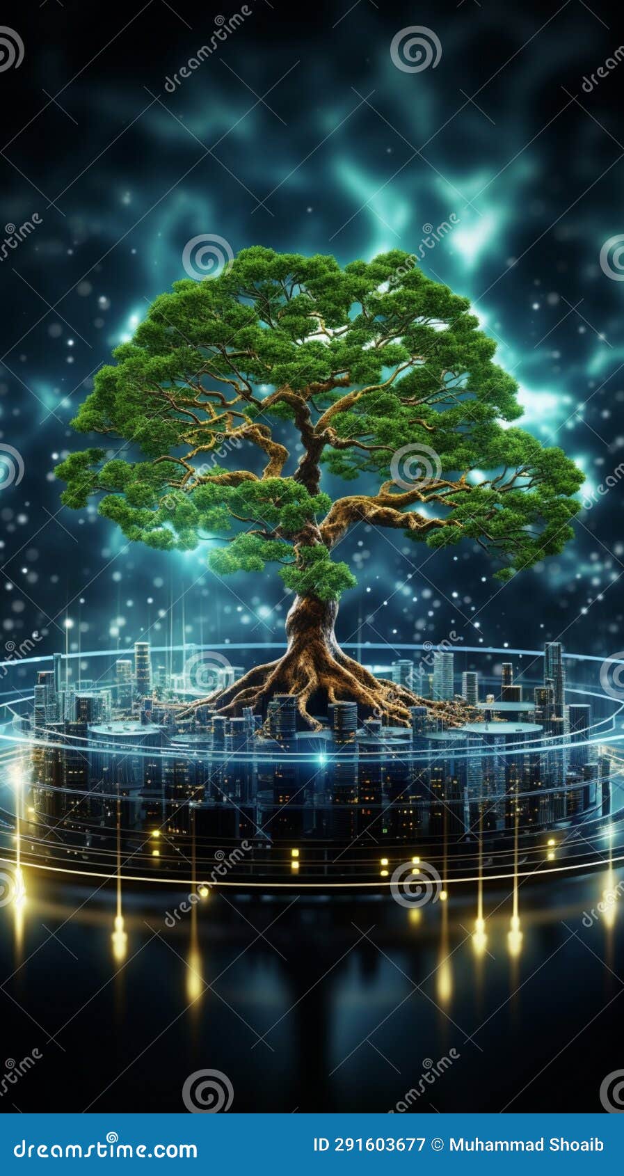 Convergence of Nature and Circuits Tree on Board, Wireframe Backdrop ...