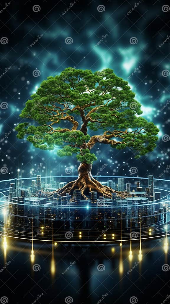 Convergence of Nature and Circuits Tree on Board, Wireframe Backdrop ...