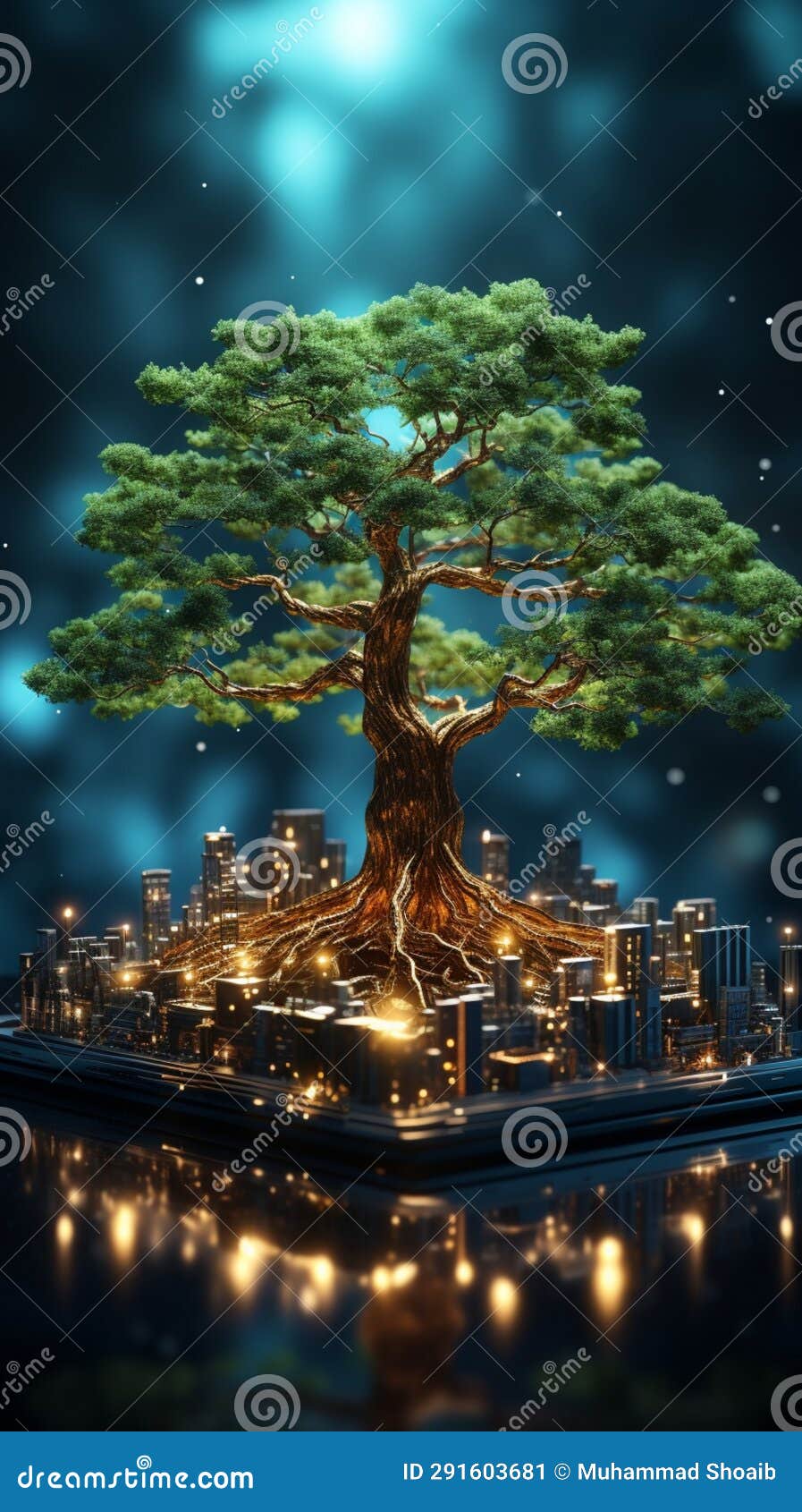 Convergence Of Nature And Circuits Tree On Board, Wireframe Backdrop ...