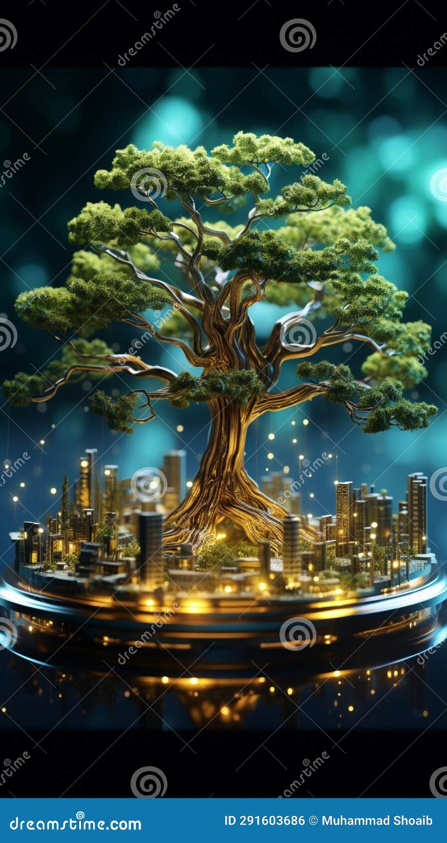 Convergence of Nature and Circuits Tree on Board, Wireframe Backdrop ...