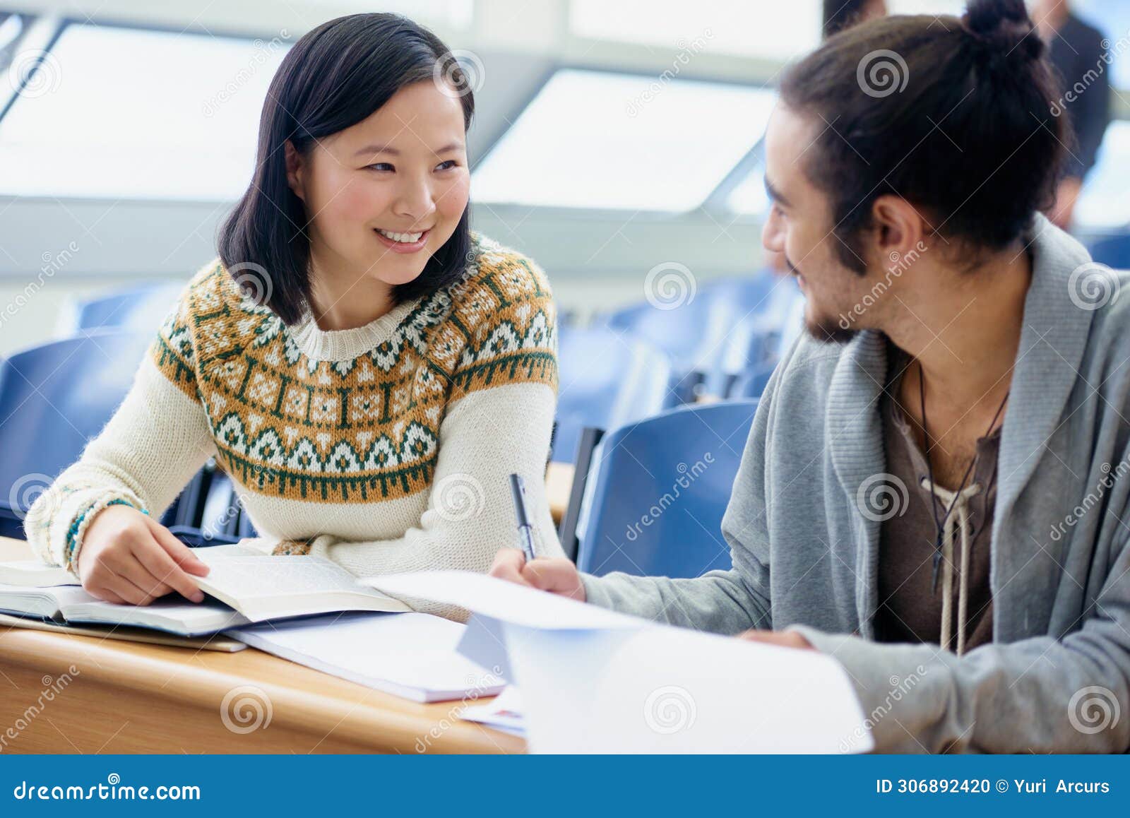 Conversation, College and Students in Classroom for Studying with Text ...