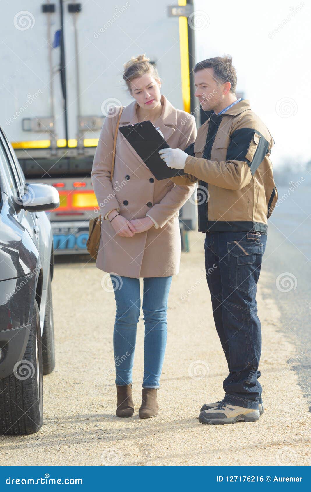 Conversation on the road stock photo. Image of explanation - 127176216