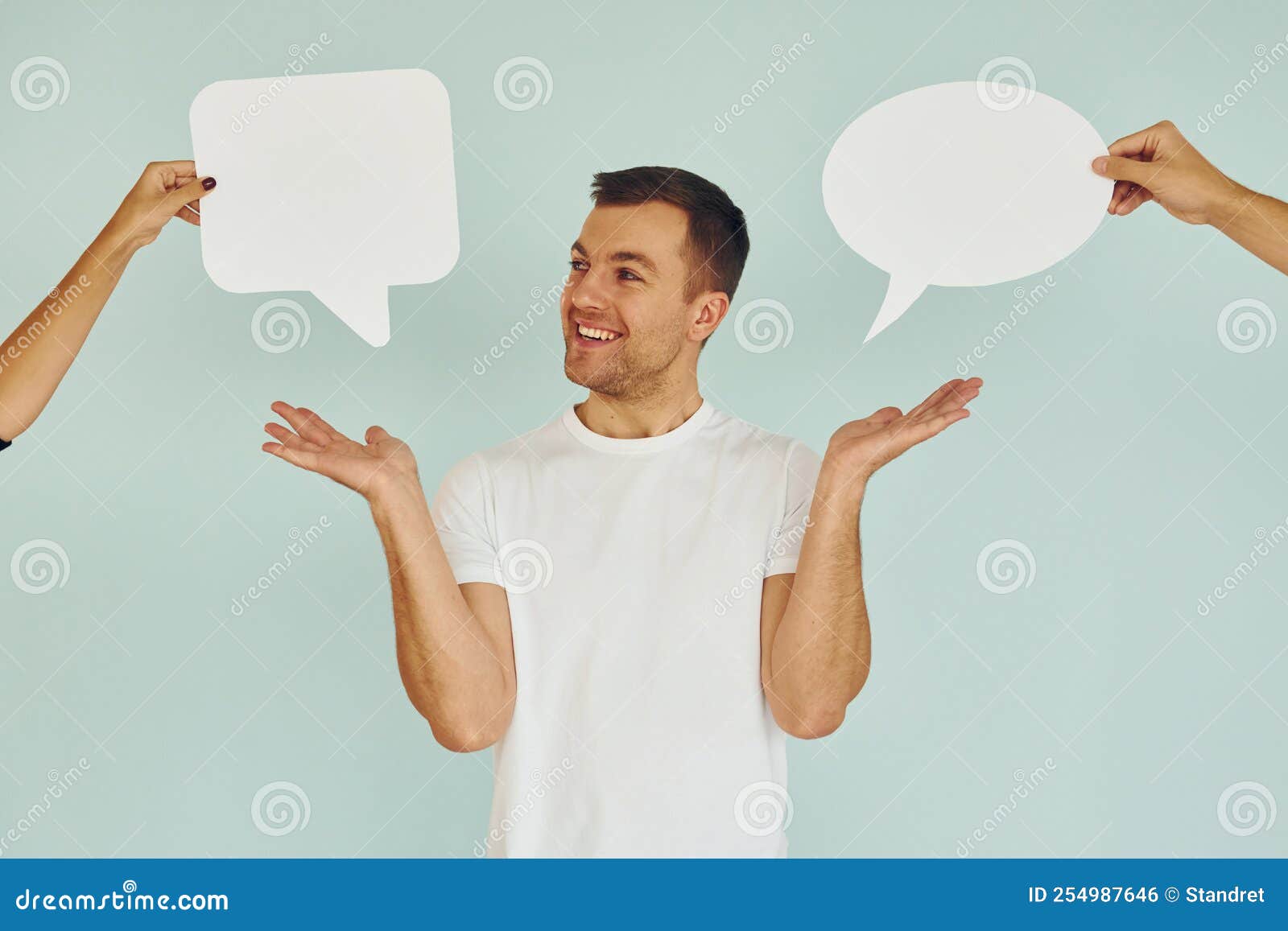 Conversation Text. Man Standing in the Studio with Empty Signs Stock ...