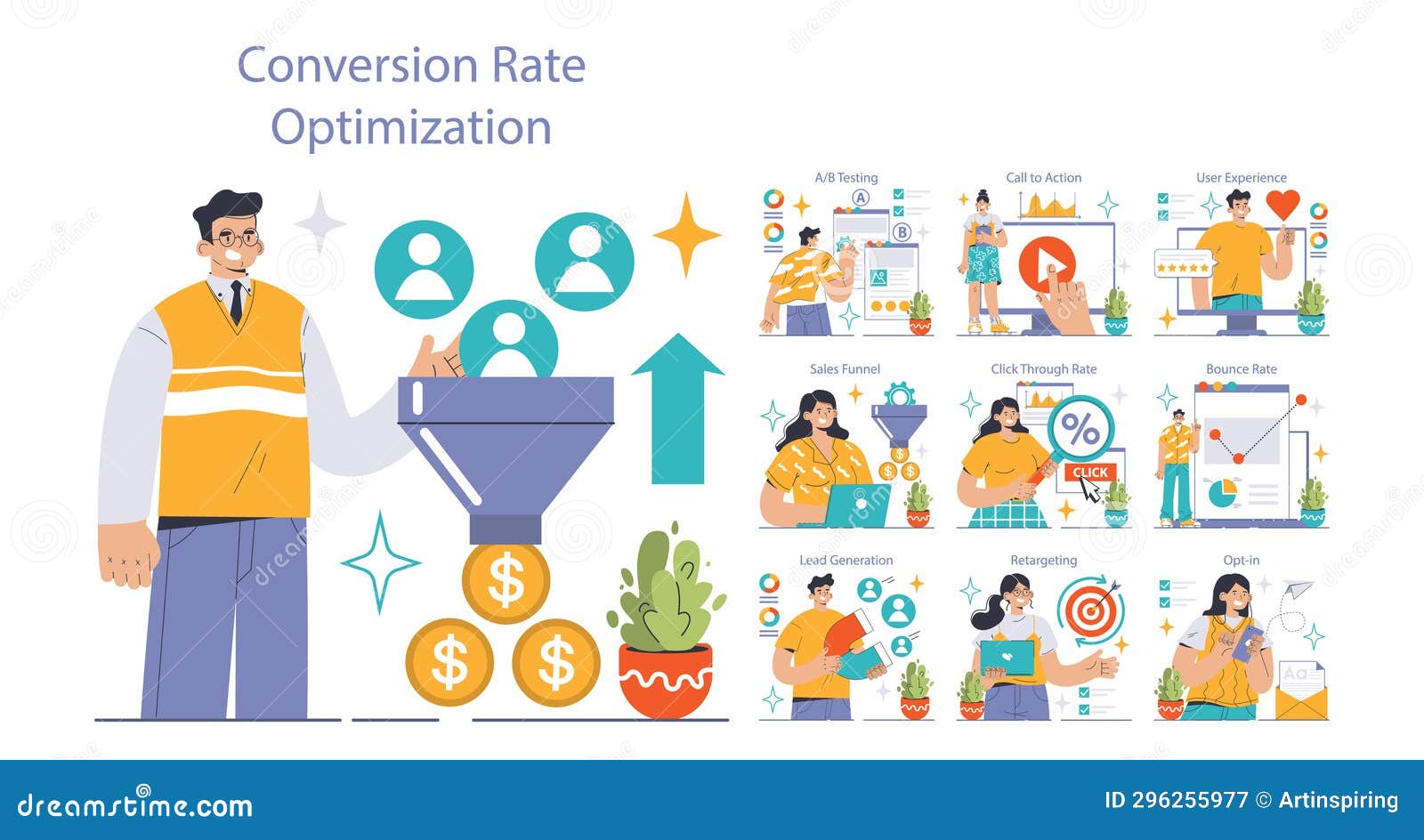 Conversion Rate Optimization Set. Experts Analyzing Website Performance ...