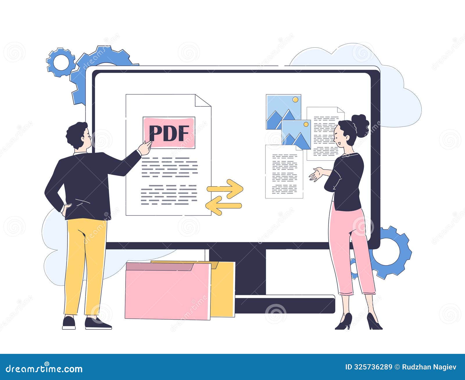 Converting Files To Pdf. Man and Woman at the Computer Monitor with ...