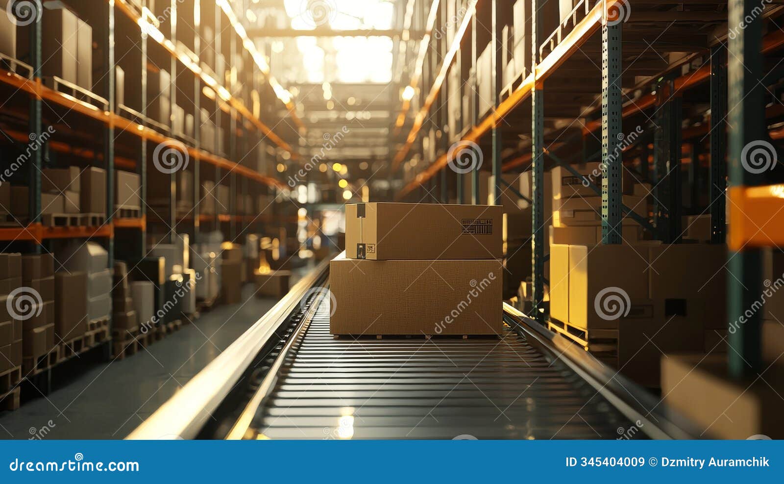 A Conveyor Belt with Boxes Depicts a Warehouse Logistics System with ...