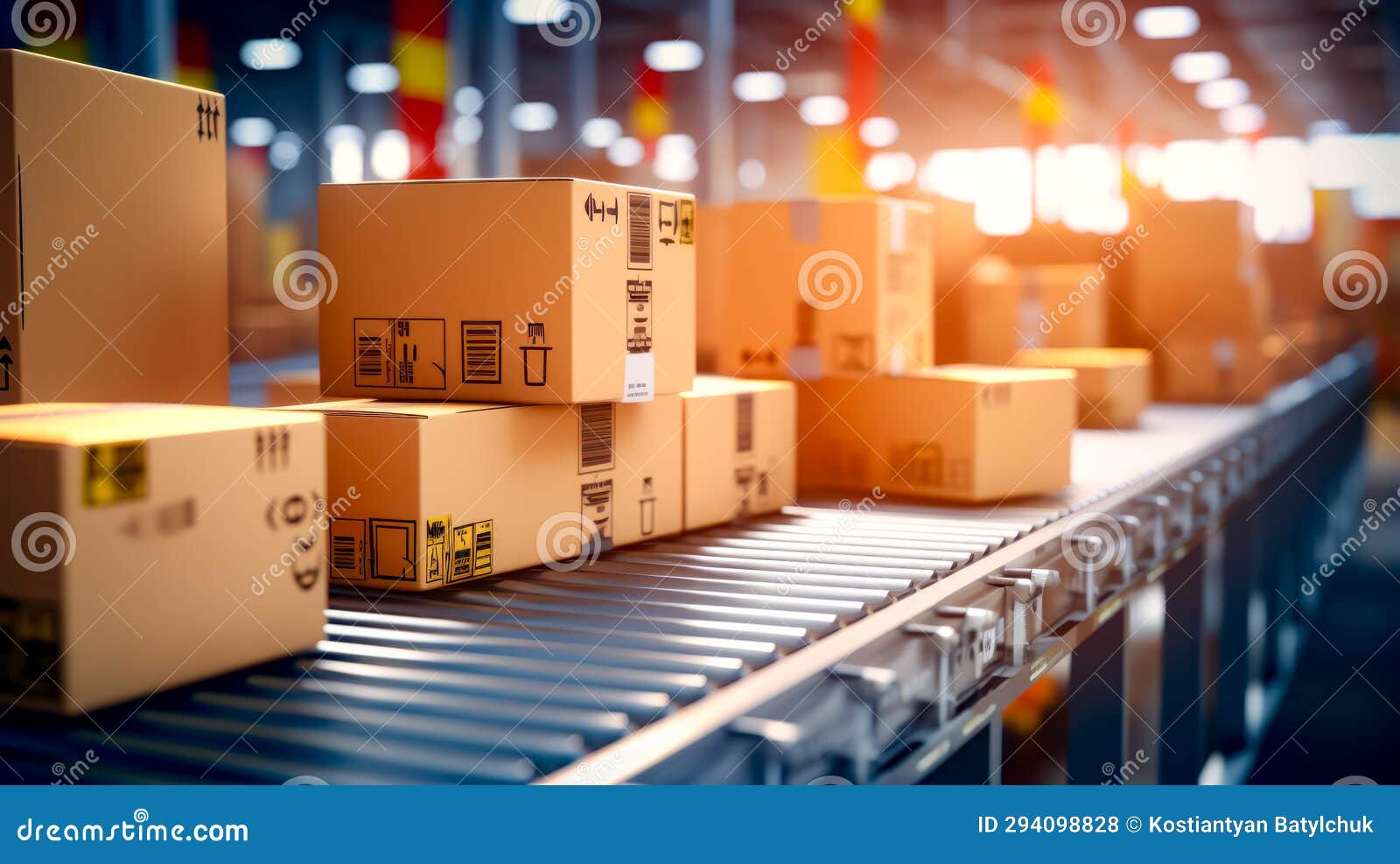 Conveyor Belt with Boxes Stacked on Top of it in Warehouse. Generative ...