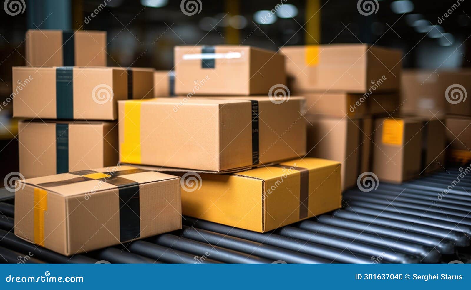 A Conveyor Belt with Boxes Stacked on it in a Warehouse, AI Stock ...