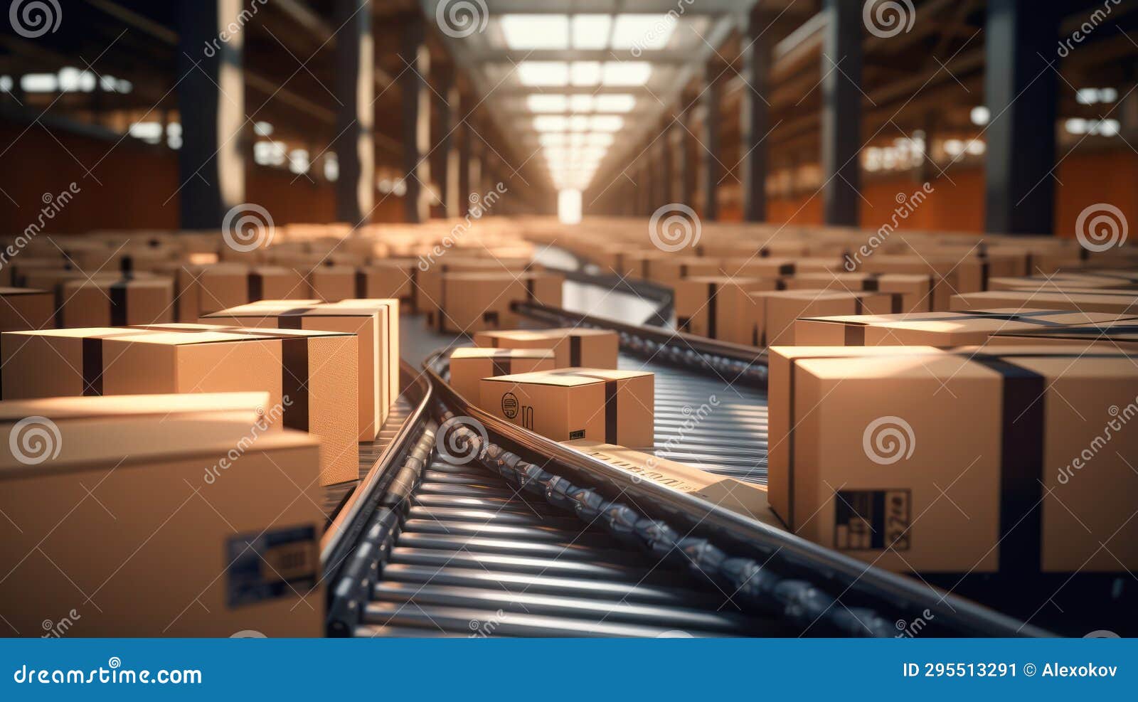 Conveyor Belt with Cardboard Boxes in Warehouse. 3D Rendering Generative AI Stock Illustration ...