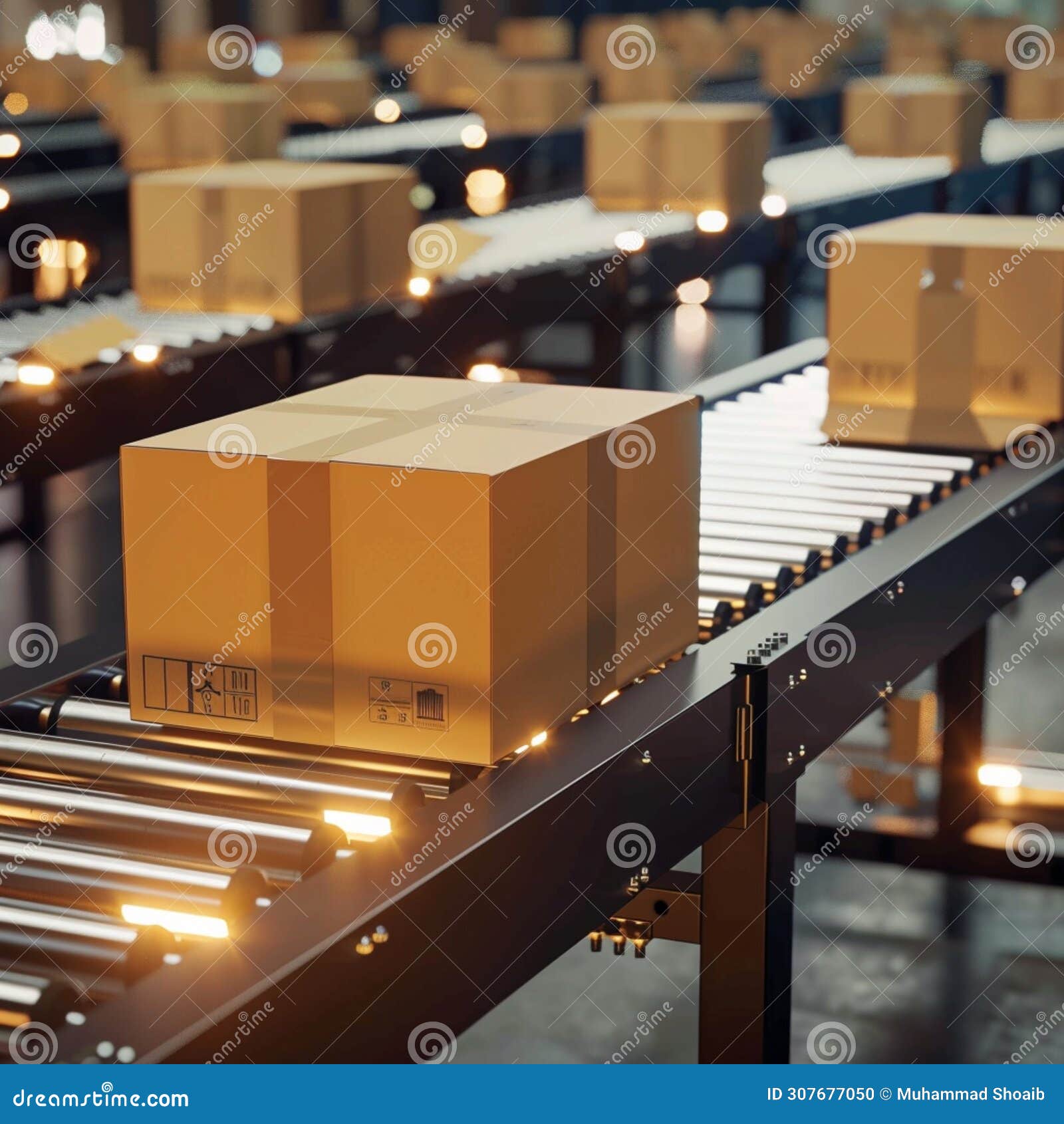 Logistics Boxes Moving On Conveyor Belt, Conveying Efficiency And ...