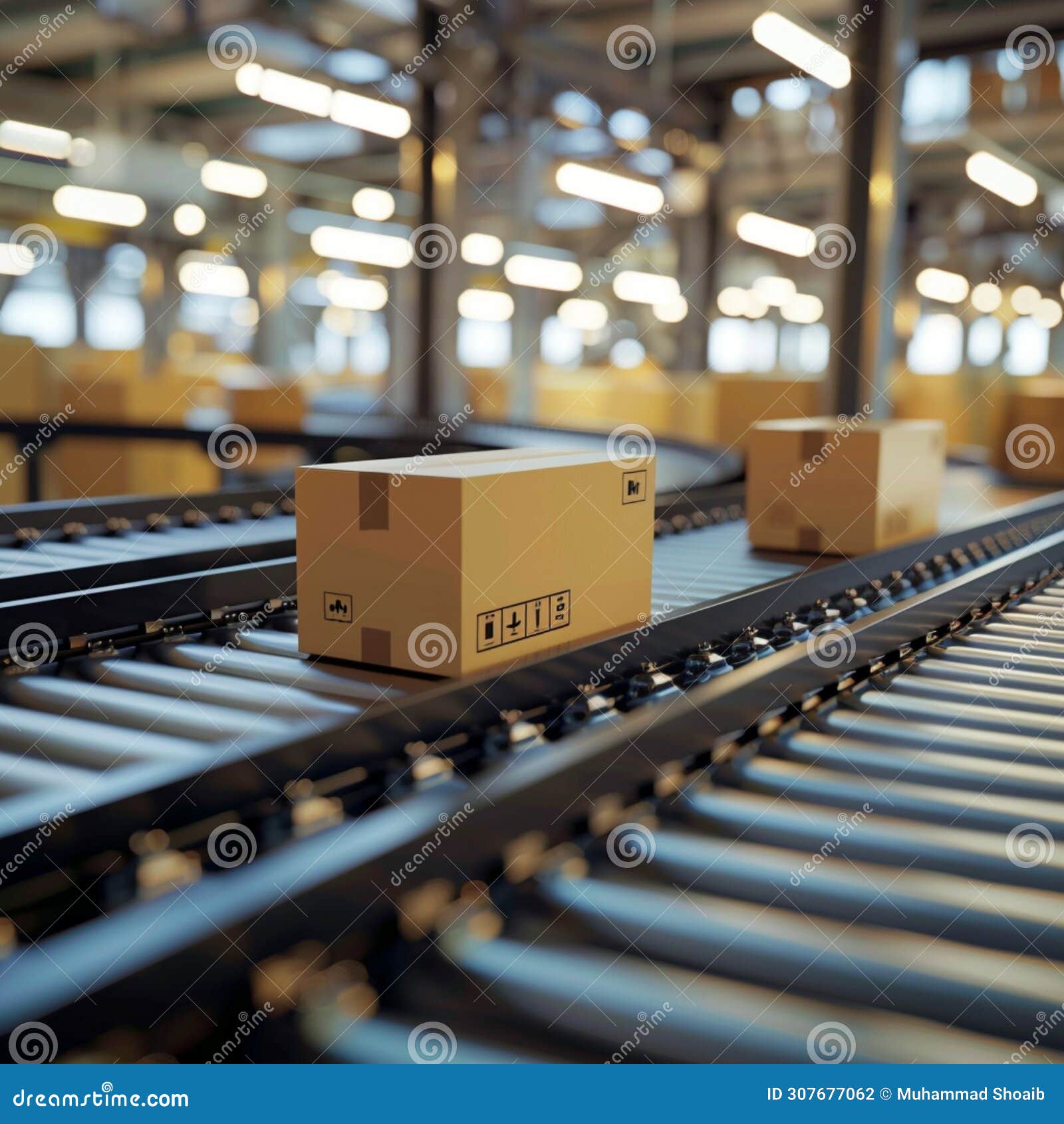 Logistics Boxes Moving On Conveyor Belt, Conveying Efficiency And ...