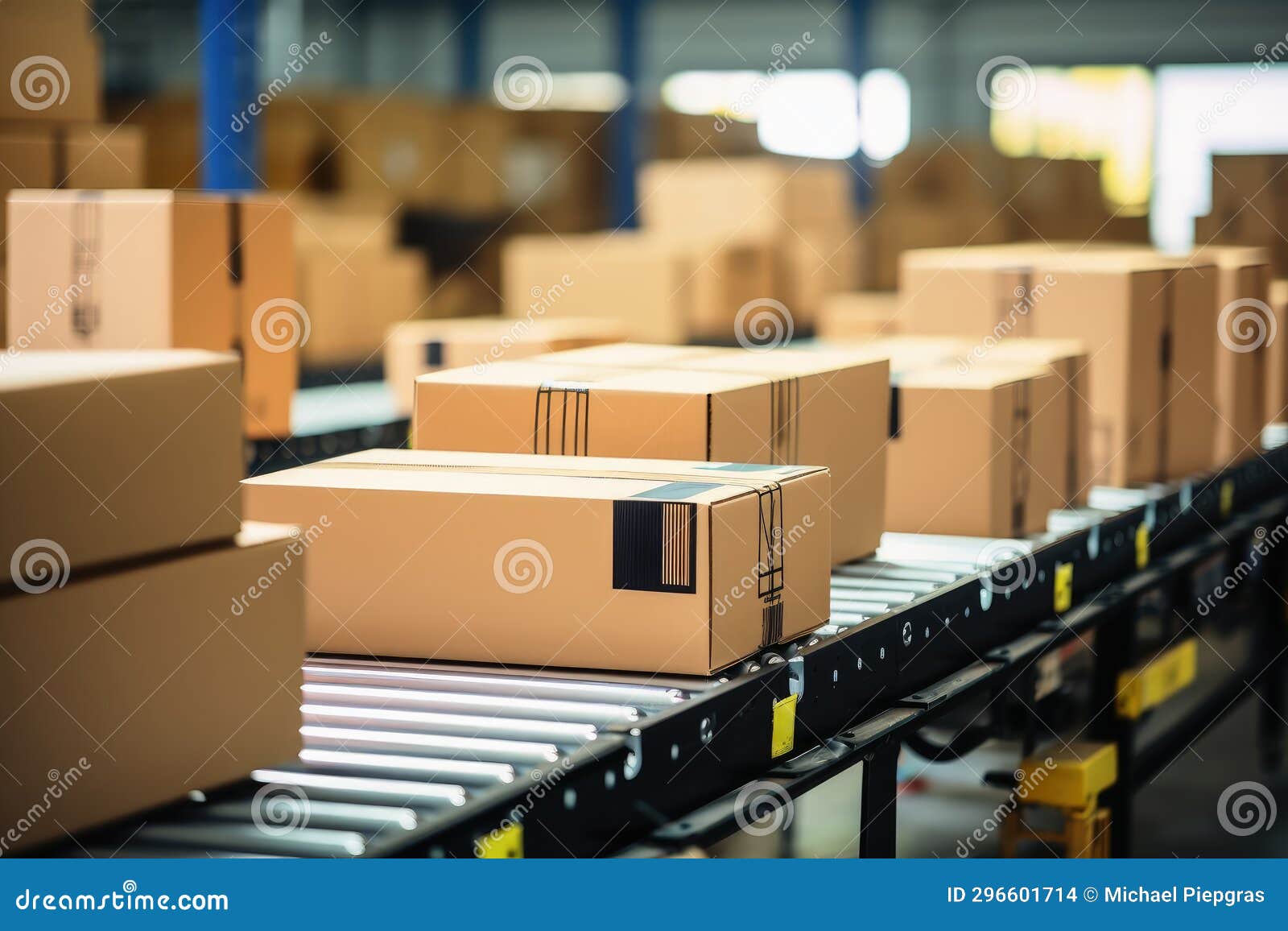Conveyor Belt Close Up with Many Boxes Passing Stock Illustration ...