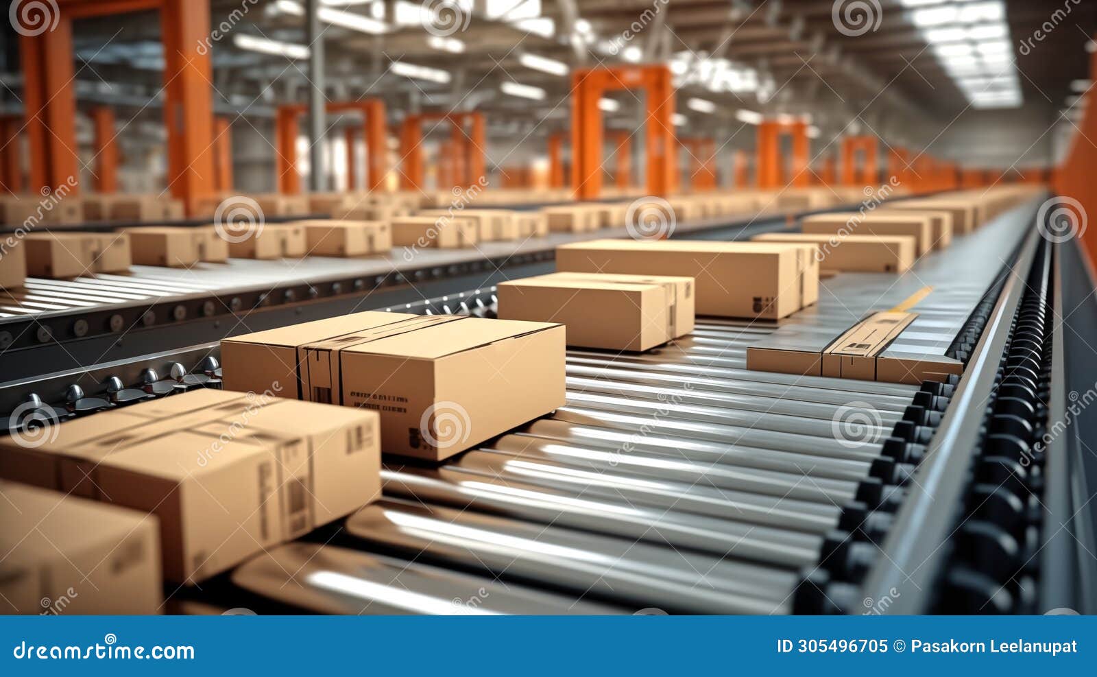 Conveyor Belt in Distribution Warehouse with Row of Cardboard Bo Stock ...