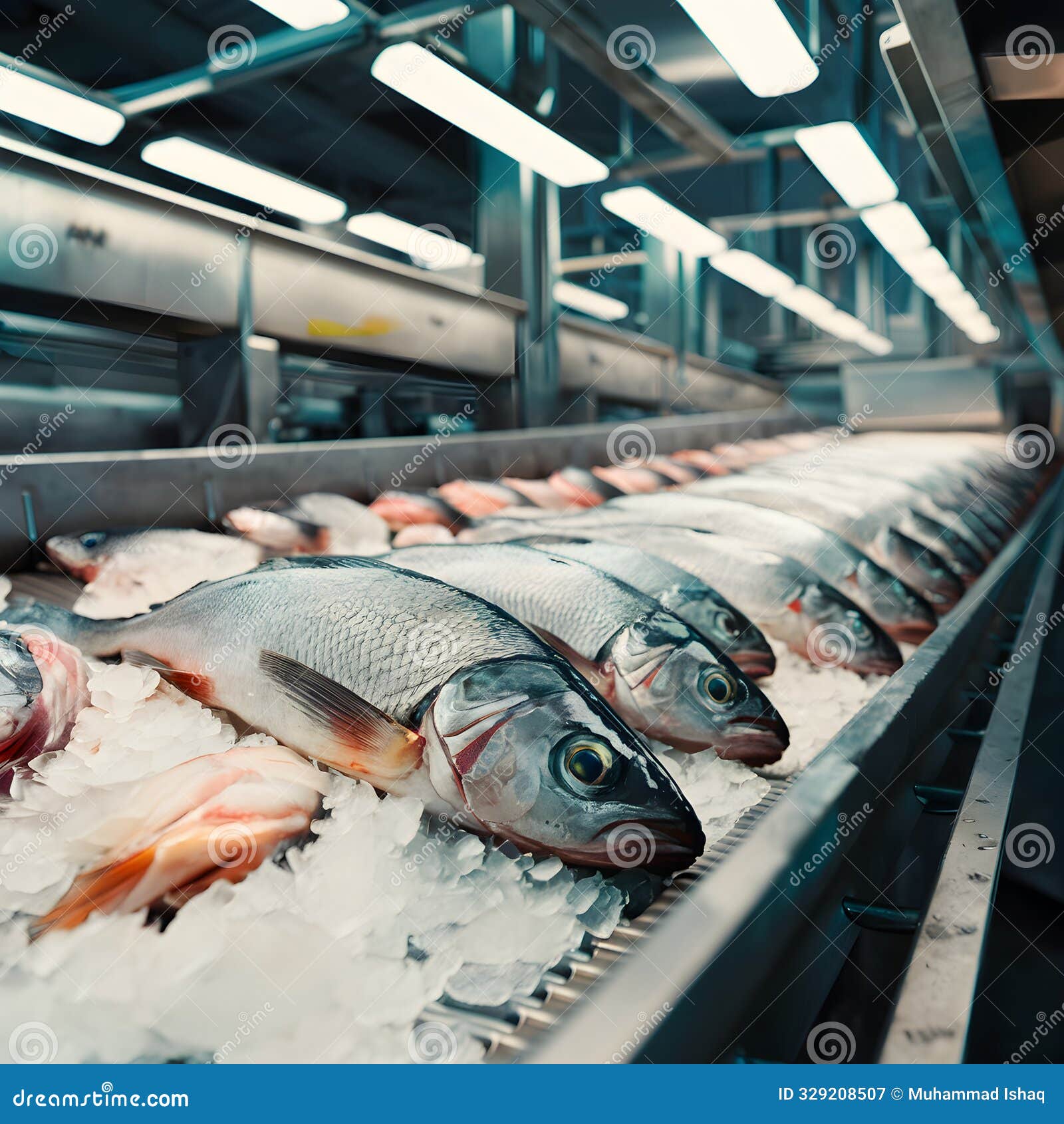 Processing Fresh Trout On A Conveyor Belt In A Food Industry Setting ...
